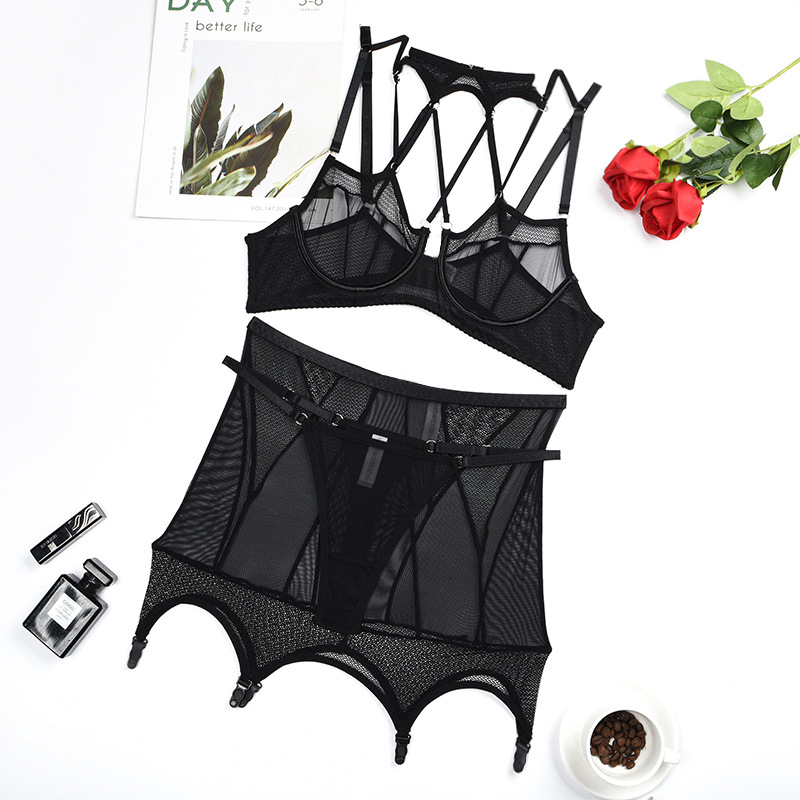 3-Piece Set Black Mesh Halterneck Bra with Hip Cover Garters