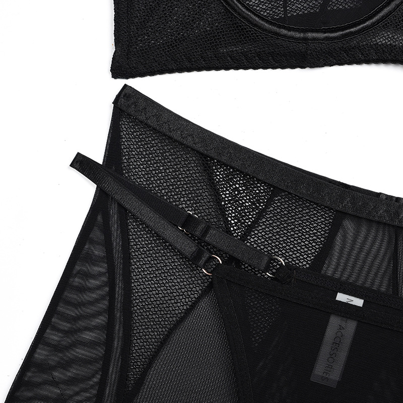 3-Piece Set Black Mesh Halterneck Bra with Hip Cover Garters