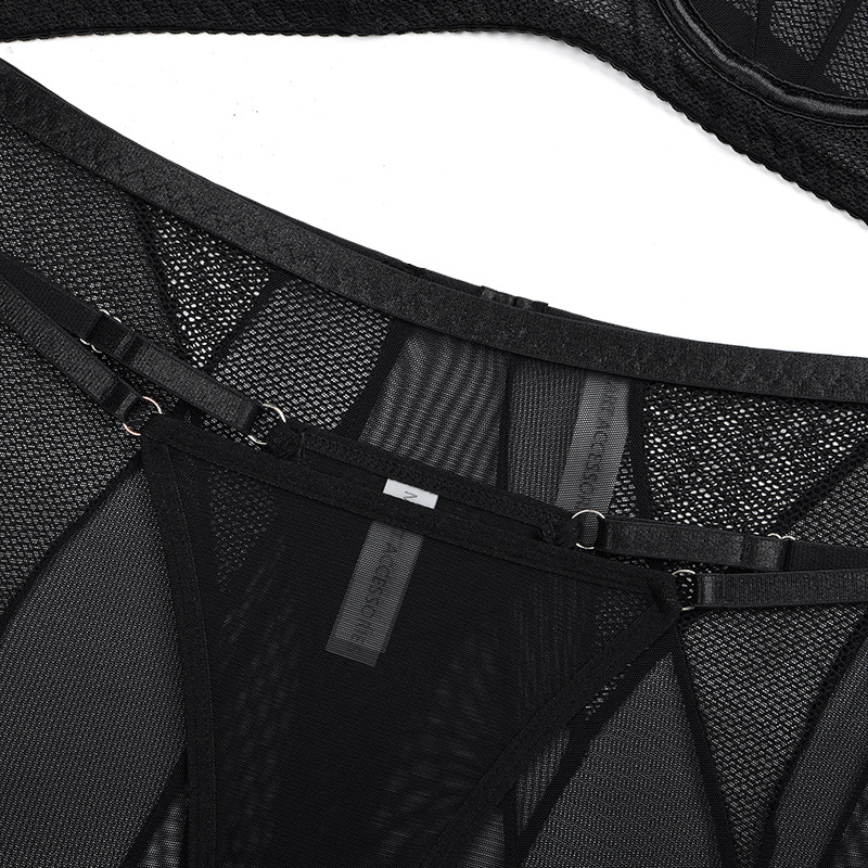 3-Piece Set Black Mesh Halterneck Bra with Hip Cover Garters