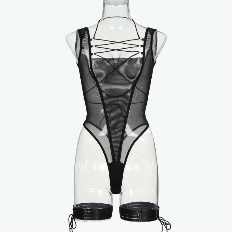 Black Mesh Bodysuit with Open Back