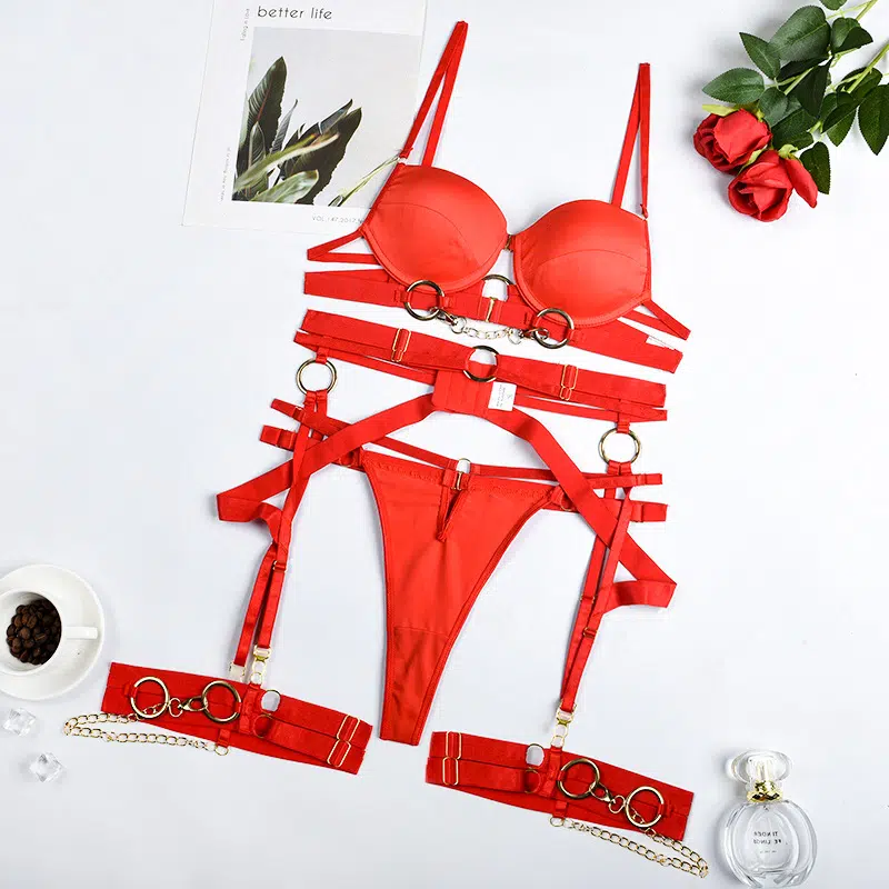 3-Piece Metallic Punk Solid Color Bra & Thong Set