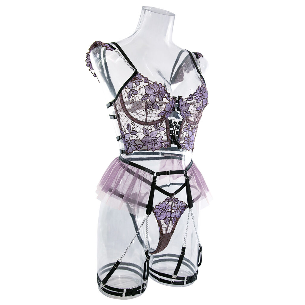 Embroidered Mesh Bustier Set with Metal Chain Shoulder Strap